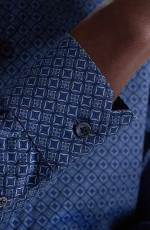 Bugatchi Julian Shaped Fit Medallion Print Stretch Cotton Button-up Shirt - Navy