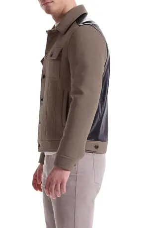 Bugatchi Hybrid Melton And Leather Trucker Jacket - Walnut