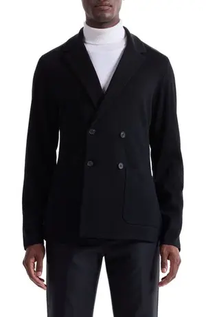 Bugatchi Double Breasted Sweater Knit Merino Wool Blazer - Black