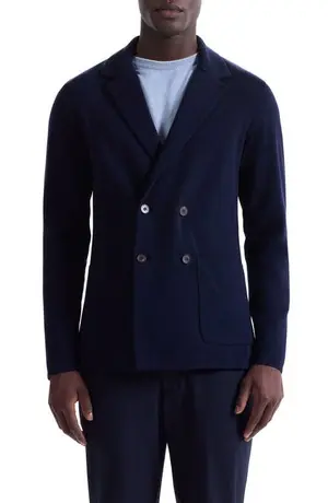 Bugatchi Double Breasted Sweater Knit Merino Wool Blazer Navy