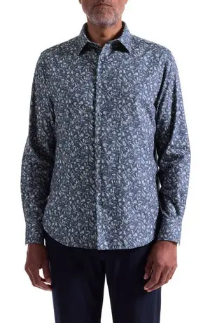 Bugatchi Julian Shaped Fit Floral Print Cotton Button-up Shirt - Navy