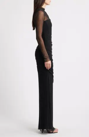 Black Halo Lexington Rhinestone Detail Long Sleeve Mesh Column Gown