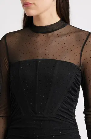 Black Halo Lexington Rhinestone Detail Long Sleeve Mesh Column Gown