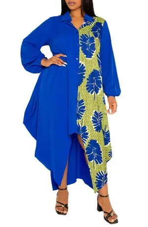 BUXOM COUTURE Solid & Print Long Sleeve Asymmetric Maxi Shirtdress - Blue Multi