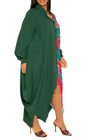 BUXOM COUTURE Solid & Print Long Sleeve Asymmetric Maxi Shirtdress - Green Multi