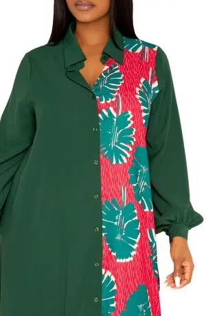 BUXOM COUTURE Solid & Print Long Sleeve Asymmetric Maxi Shirtdress - Green Multi