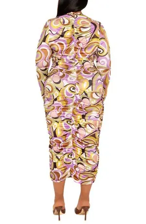 BUXOM COUTURE Print Ruched Long Sleeve Midi Body-con Dress