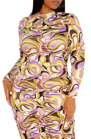BUXOM COUTURE Print Ruched Long Sleeve Midi Body-con Dress