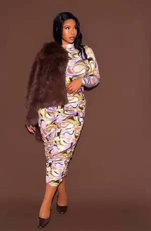 BUXOM COUTURE Print Ruched Long Sleeve Midi Body-con Dress