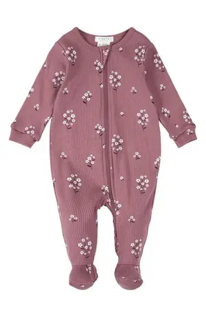 PETIT LEM Floral Rib Fitted One-piece Footed Pajamas - Plum