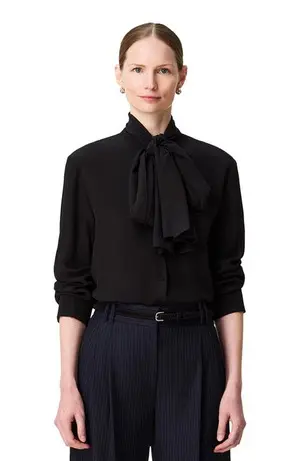 Another Tomorrow Signature Bow Blouse - Black