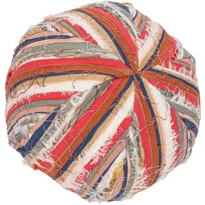 STORIED HOME Woven Cotton Blend Orb Pillow With Ripped Fabric Stripes - Red
