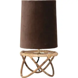 STORIED HOME Handwoven Rattan Table Lamp With Cotton Velvet Shade - Brown