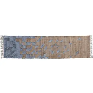 STORIED HOME Coastal Jute And Cotton Kilim Embroidered Floor Runner Rug - Blue