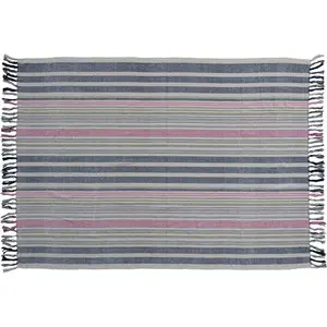 STORIED HOME Cotton Blend Throw Blanket With Stripes And Fringe - Blue