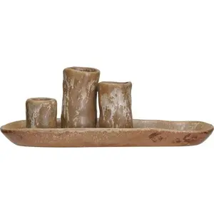 STORIED HOME Stoneware Vases And Candle Holder On Tray - Brown