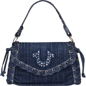 True Religion Studded Horseshoe Eyelet Denim Flap Bag - Dark Denim