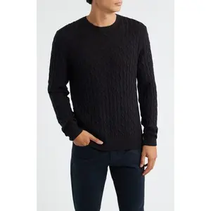 JACK VICTOR Crewneck Merino Wool Cable Sweater - Navy