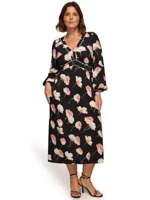 LIVE UNLIMITED Floral Print Piping Detail Dress - Black