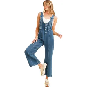 KNIT & LOUNGE Classic Overall Jumpsuit With Button-front And Wide-leg Design - Denim Blue