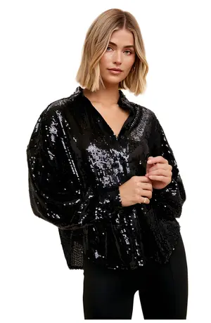 KNIT & LOUNGE Long Sleeve Sequin Button-down Blouse