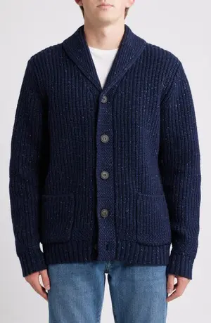 SCHOTT Donegal Tweed Wool Blend Cardigan - Navy