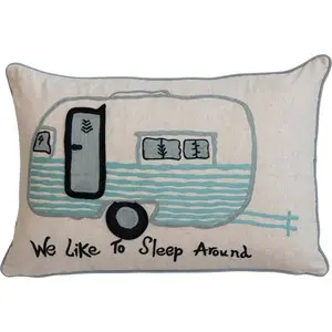 STORIED HOME Cotton Lumbar Pillow Cover With Embroidered Camper Design And Message - White