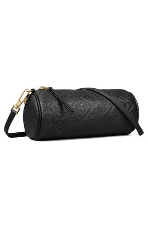 Tory Burch T Monogram Pebble Leather Cylinder Shoulder Bag - Black