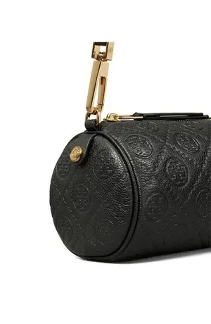 Tory Burch T Monogram Pebble Leather Cylinder Shoulder Bag - Black