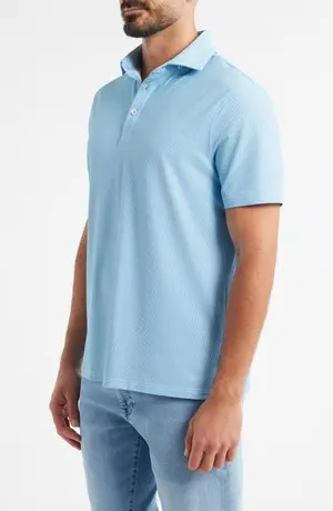 Stone Rose Bird's Eye Print Techno Stretch Performance Golf Polo - Aqua