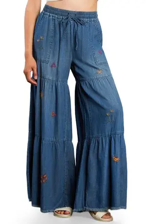 BILLY T Embroidered Wide-leg Denim Pants