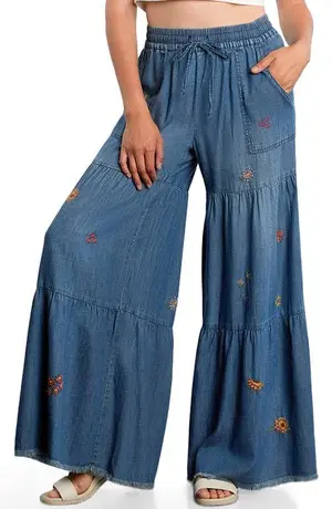 BILLY T Embroidered Wide-leg Denim Pants