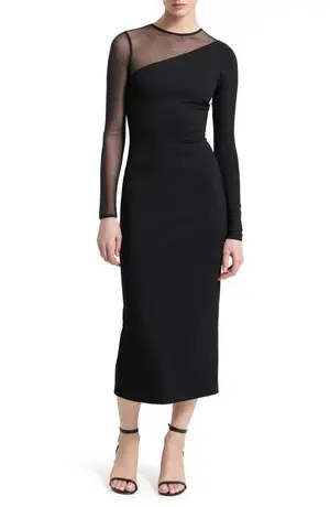 MARCELLA Milo Long Sleeve Mesh & Ponte Column Dress