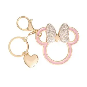 Disney Minnie Mouse Outline Keychain With Crystal Bow And Heart Charm - Metallic Gold/ Pink