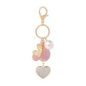 Disney Minnie Mouse Keychain With Pearl And Glitter Heart Charms - Metallic Gold/ Pink