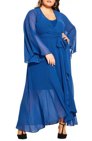 City Chic Long Sleeve Sheer Chiffon Maxi Wrap Dress - Blue