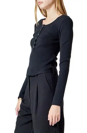 Endless Rose Shoulder Pad Rib Knit Top - Black