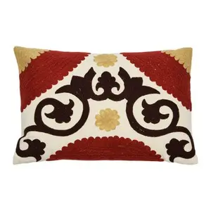 STORIED HOME Cotton Embroide Lumbar Pillow With Suzani Embroidery - Red