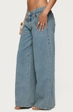 EDIKTED Stitch Pleat Low Rise Wide Leg Jeans
