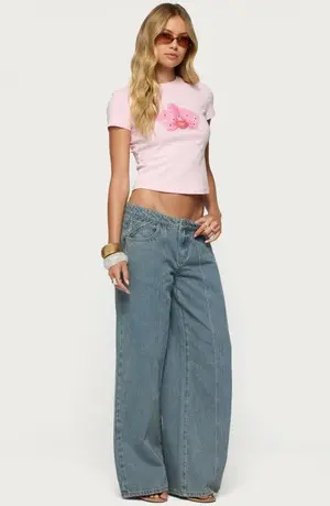 EDIKTED Stitch Pleat Low Rise Wide Leg Jeans