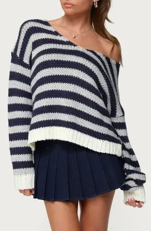 EDIKTED Eugenie Striped Oversized Off-the-shoulder Sweater