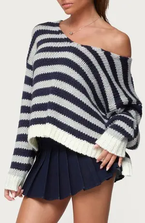 EDIKTED Eugenie Striped Oversized Off-the-shoulder Sweater