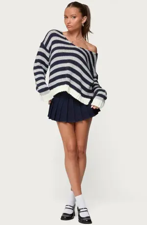 EDIKTED Eugenie Striped Oversized Off-the-shoulder Sweater