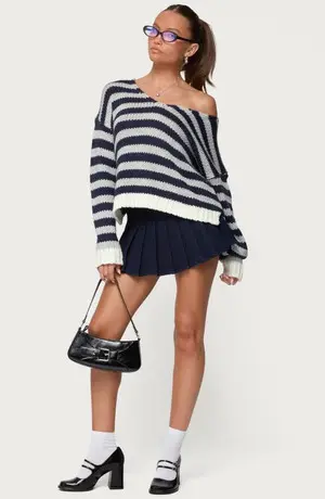 EDIKTED Eugenie Striped Oversized Off-the-shoulder Sweater