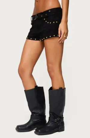 EDIKTED Belted Studded Faux Suede Microshorts