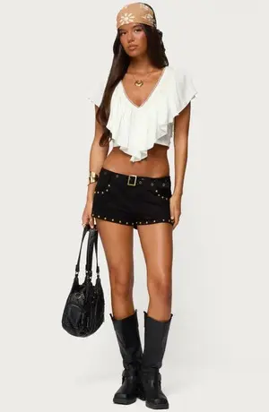 EDIKTED Belted Studded Faux Suede Microshorts
