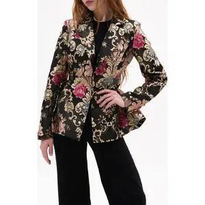 AZALEA WANG Floral Jacquard Peplum Blazer
