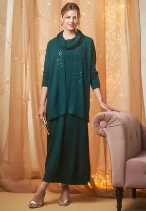 JESSICA LONDON 2-piece Sweater Dress Set - Emerald Green Sequin