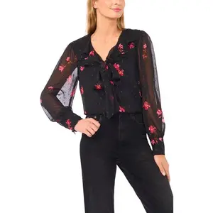 CECE DUPRAZ Flora Metallic Tie Neck Top