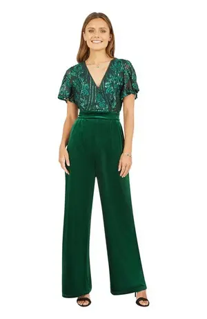 YUMI Sequin Embellished Velvet Jumpsuit - Green